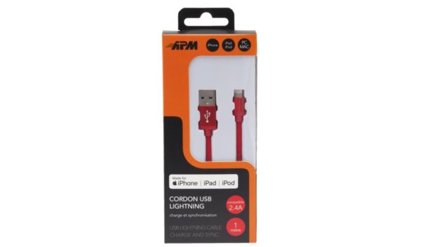 Câble APM 600296 USB Lightning 2A MFI 1m Nylon Rouge - infinytech-reunion